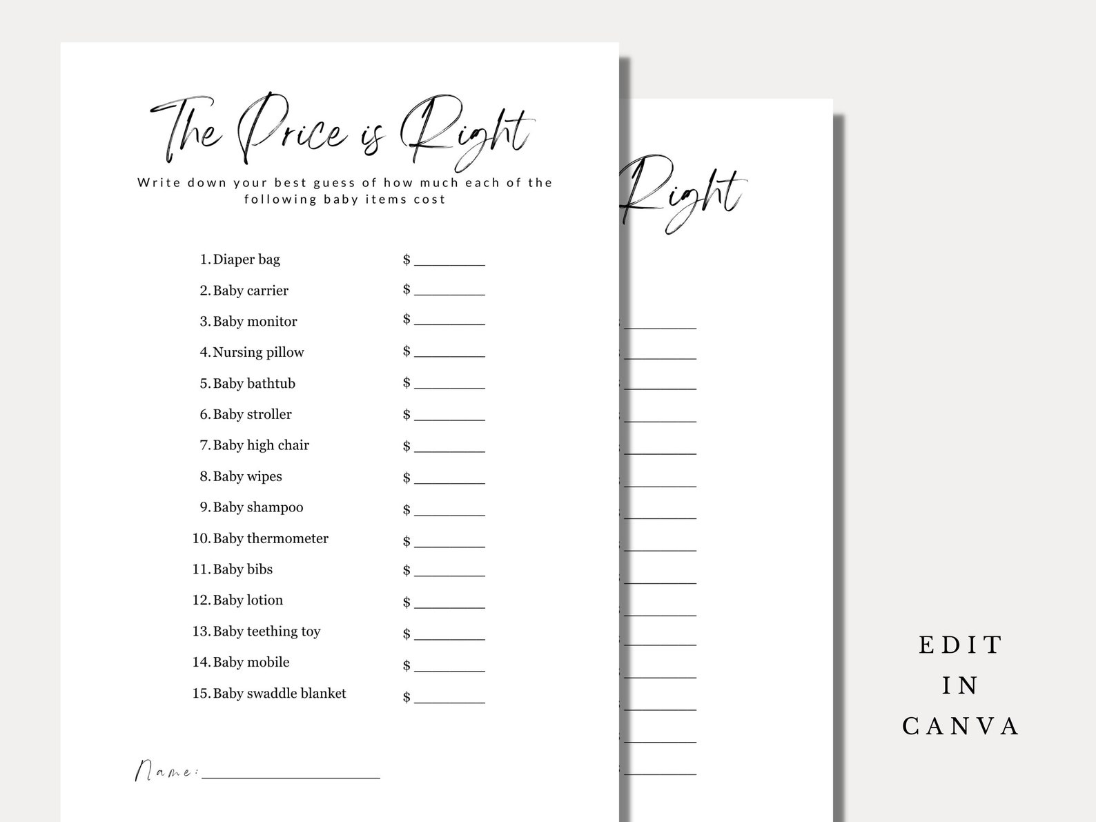 The Price is Right Baby Shower Game, Minimalist Baby Shower Game ...