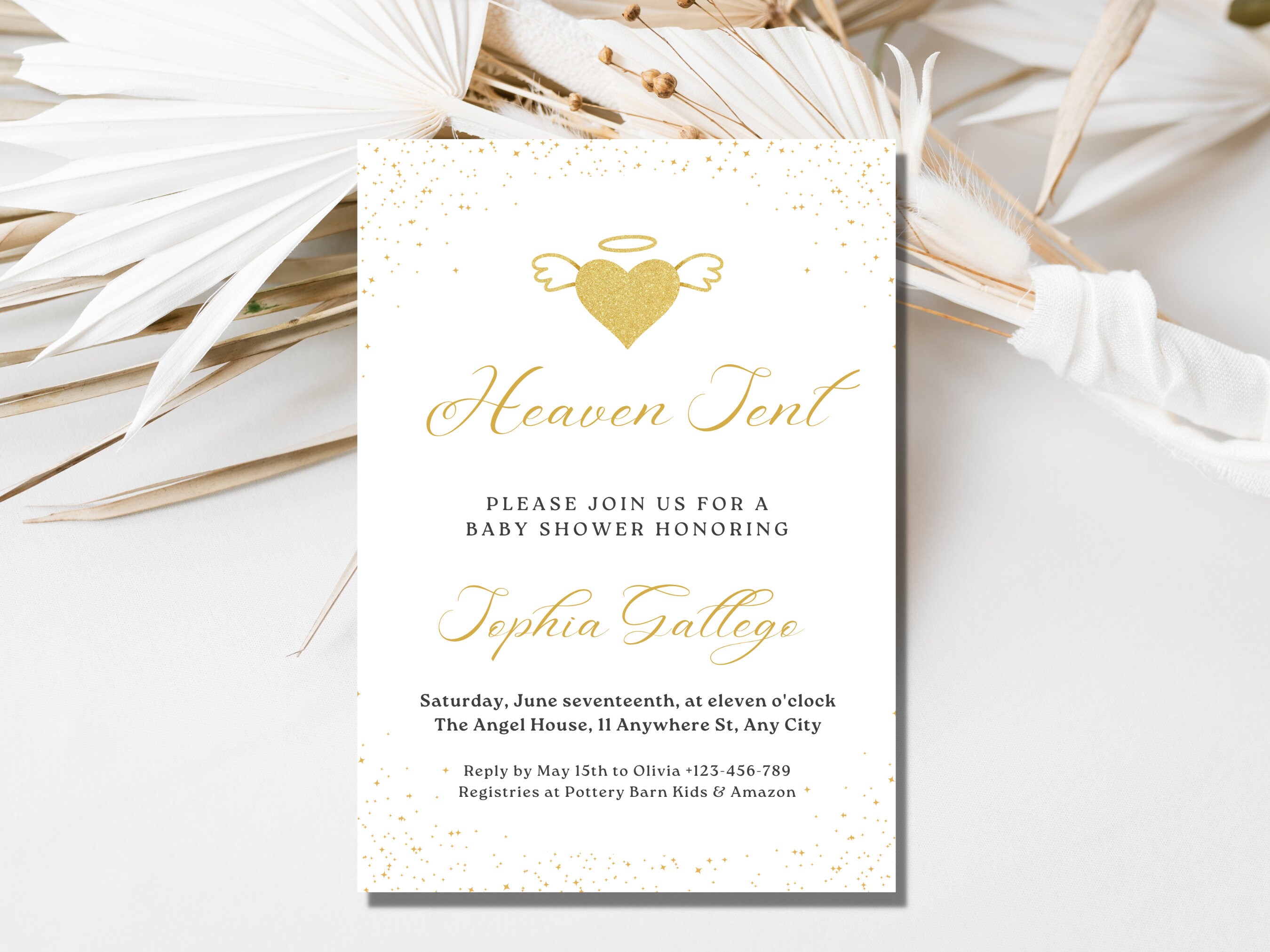 Heaven Sent Baby Shower Invitation: Gold Angel Template (digital ...
