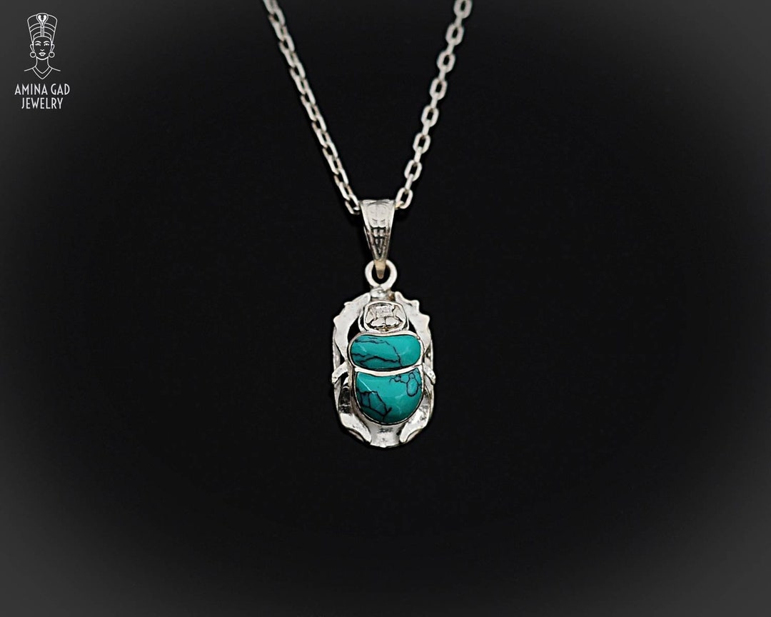 Small Scarab Necklace, Green Tourqise Sterling Silver Scarab Necklace ...