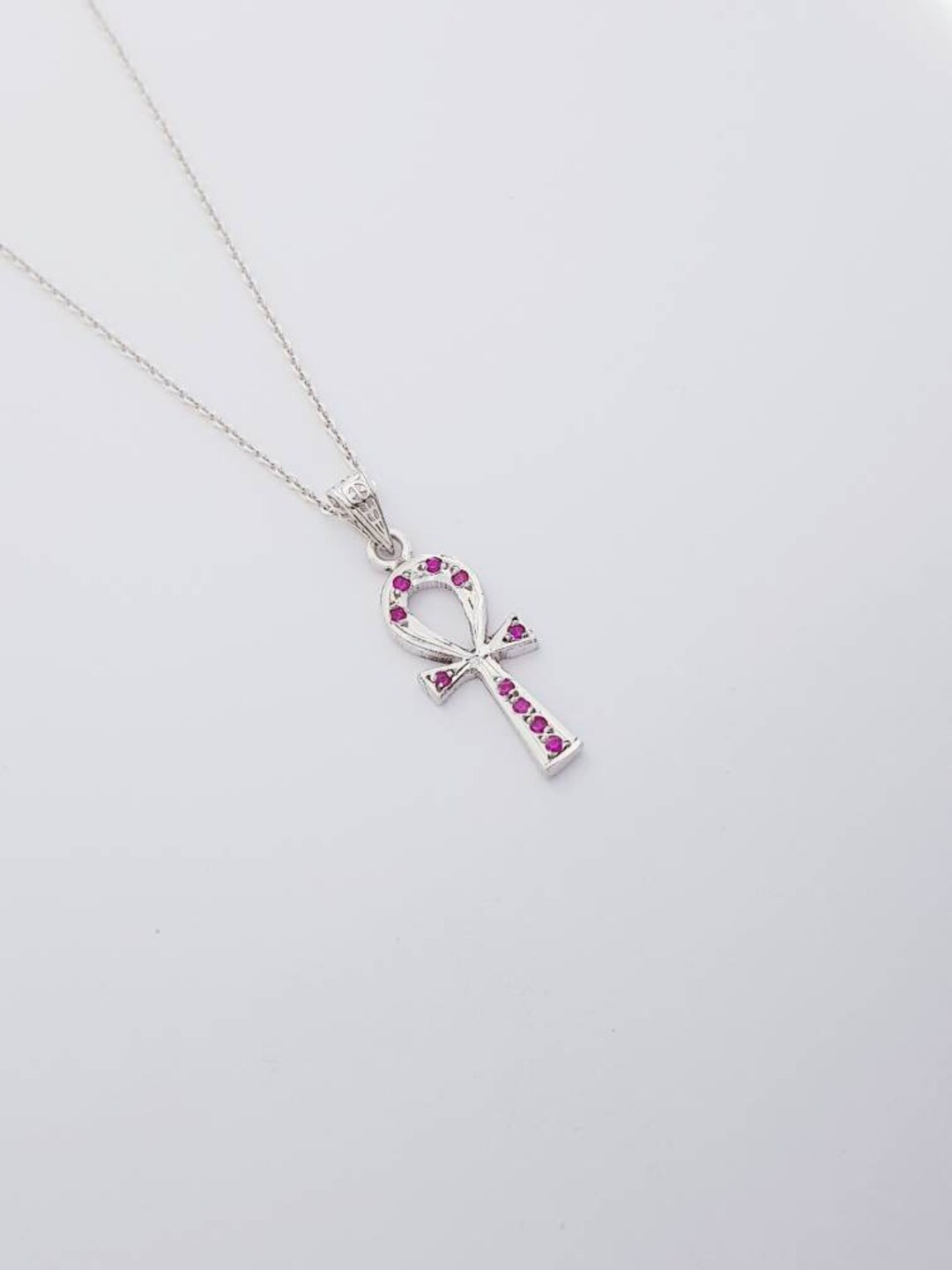 Large Ankh Cross Sterling Silver Necklace, Ruby Gemstones Ankh Pendant ...