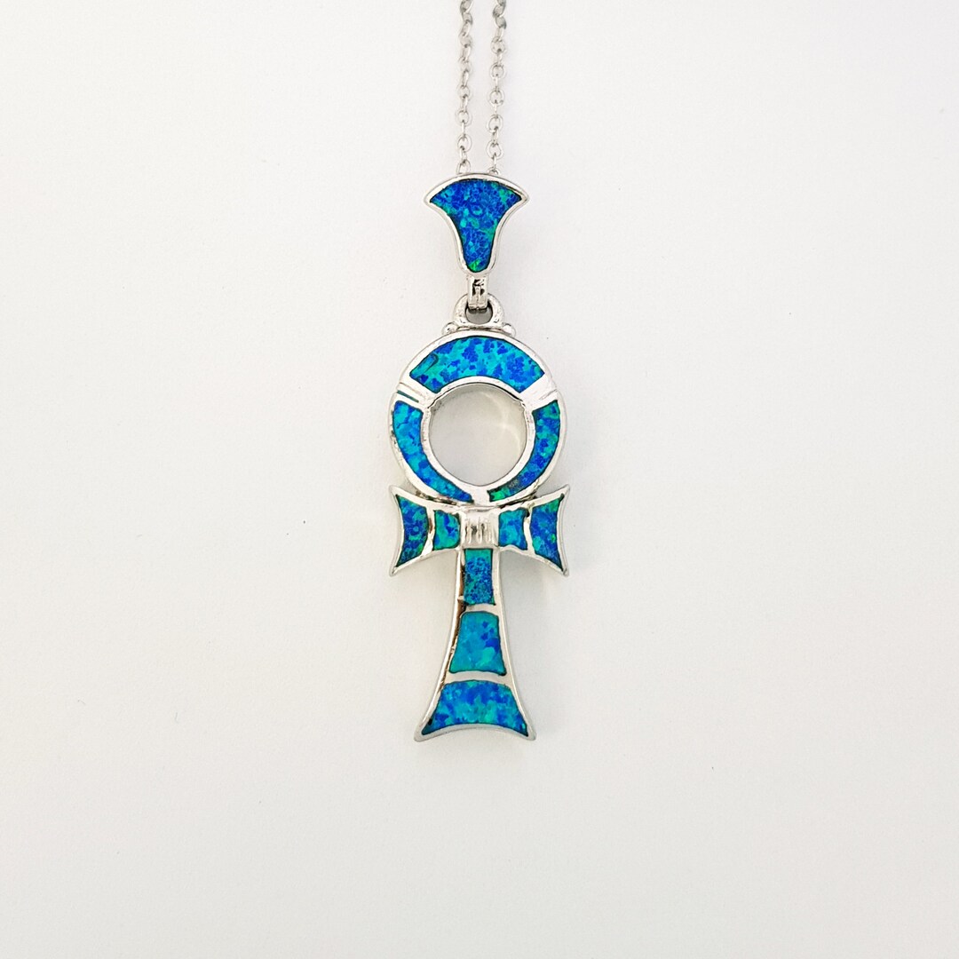 Ankh Necklace, Blue Opal Ankh, Sterling Silver Ankh Necklace, Large ...
