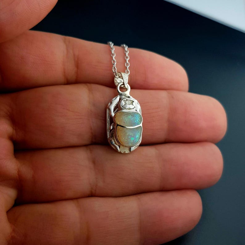 Opal Scarab Necklace, Sterling Silver Scarab Necklace, White Opal ...