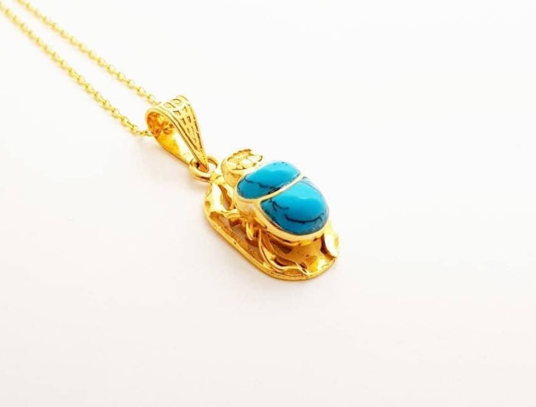 Large Blue Turquoise Scarab Necklace, 14k Gold Vermeil Scarab Pendant ...