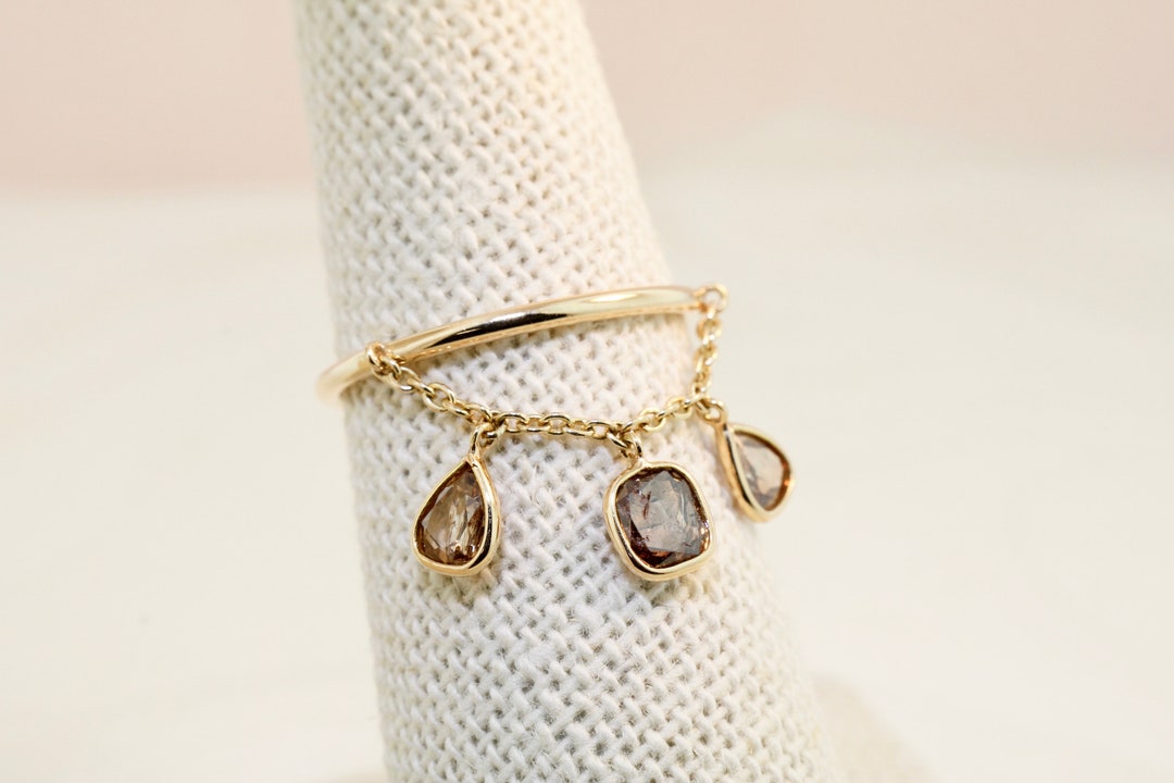 Lucy Colored Diamond Three Stone Dangling Chain Ring 14K Yellow Gold ...