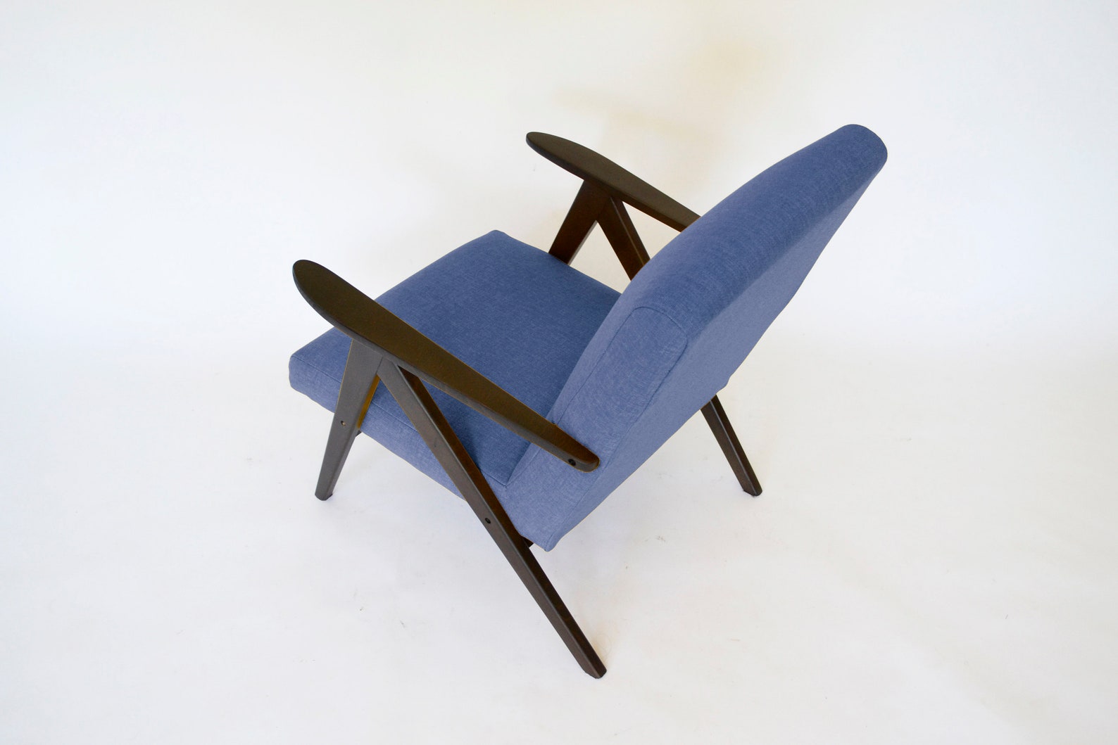 Polish Indie Reupholstered Blue Fabric Brown Wood Armchair A. Dutka ...
