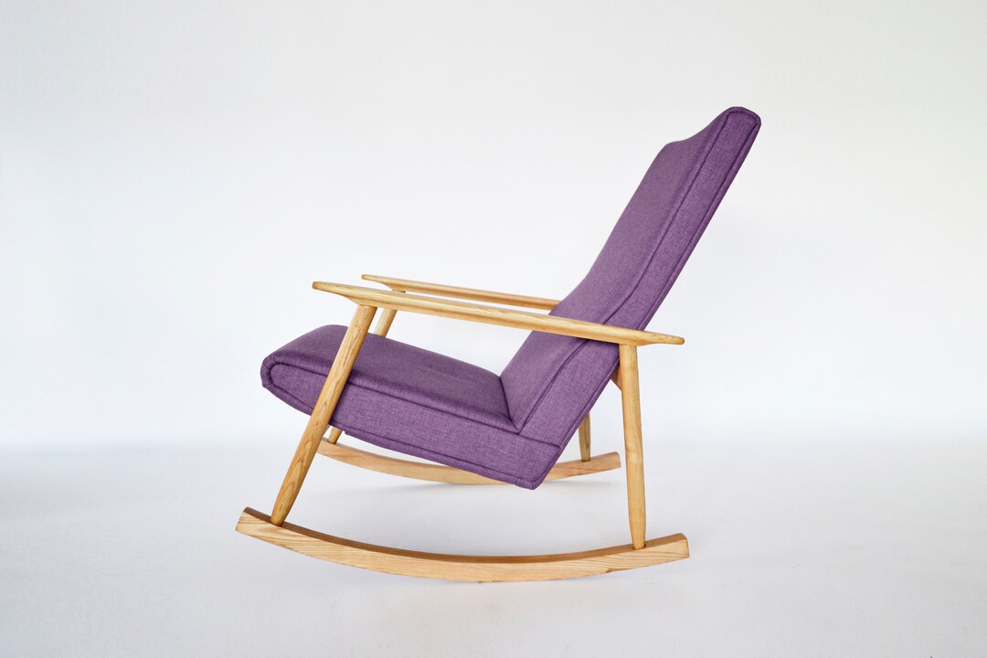 Vintage Purple Reupholstered Oak Rocking Chair 1970s Mid Century Modern ...