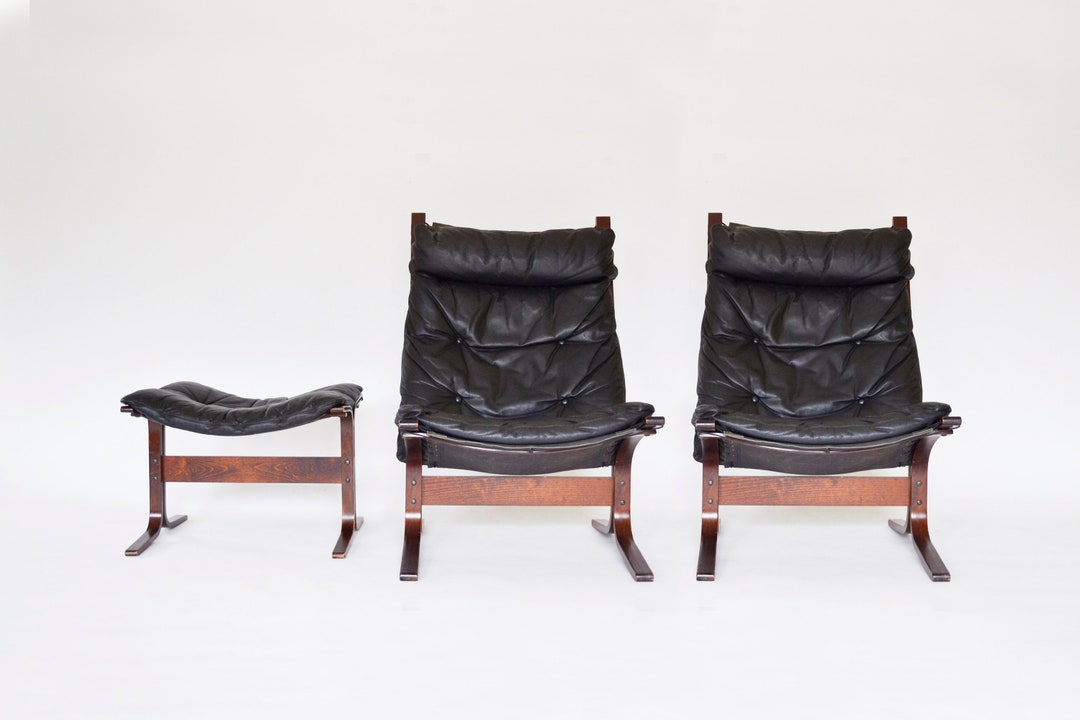 Vintage Black Leather High-back Siesta Chairs and Ottoman Set of 3 ...