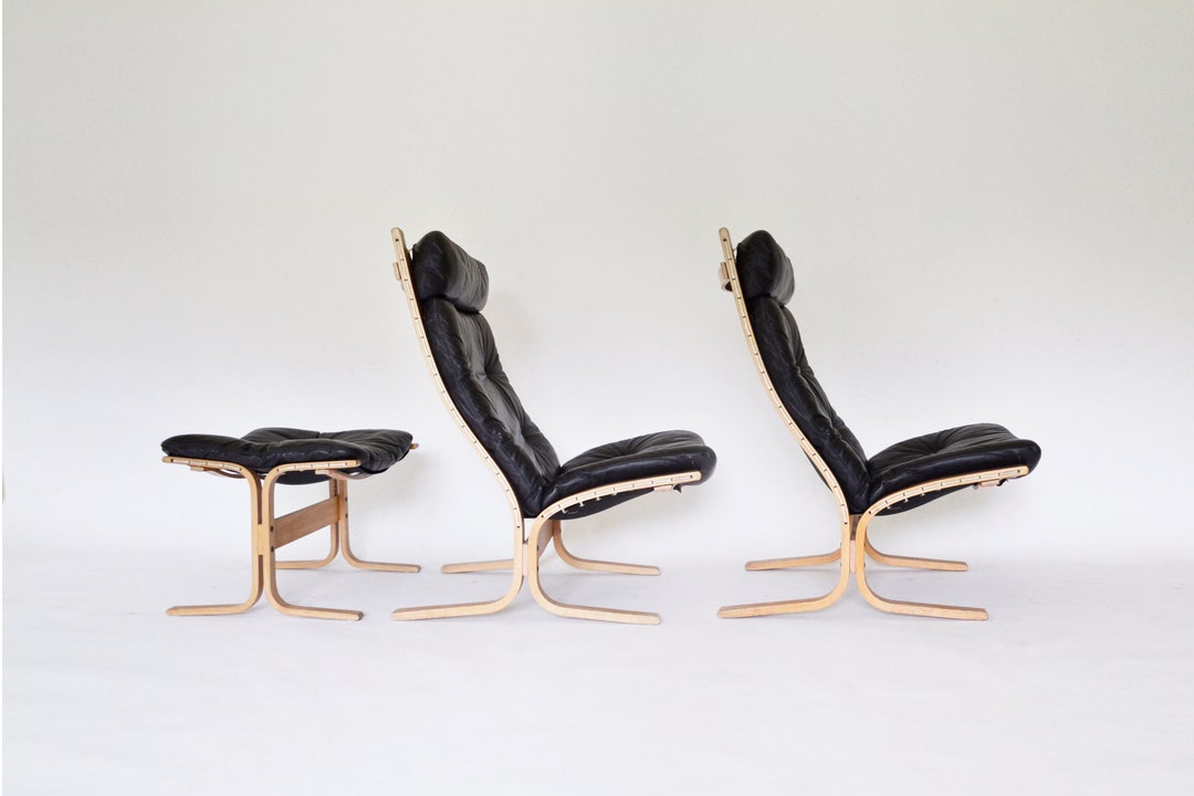 Vintage Black Leather High-back Siesta Chairs and Ottoman Set of 3 ...