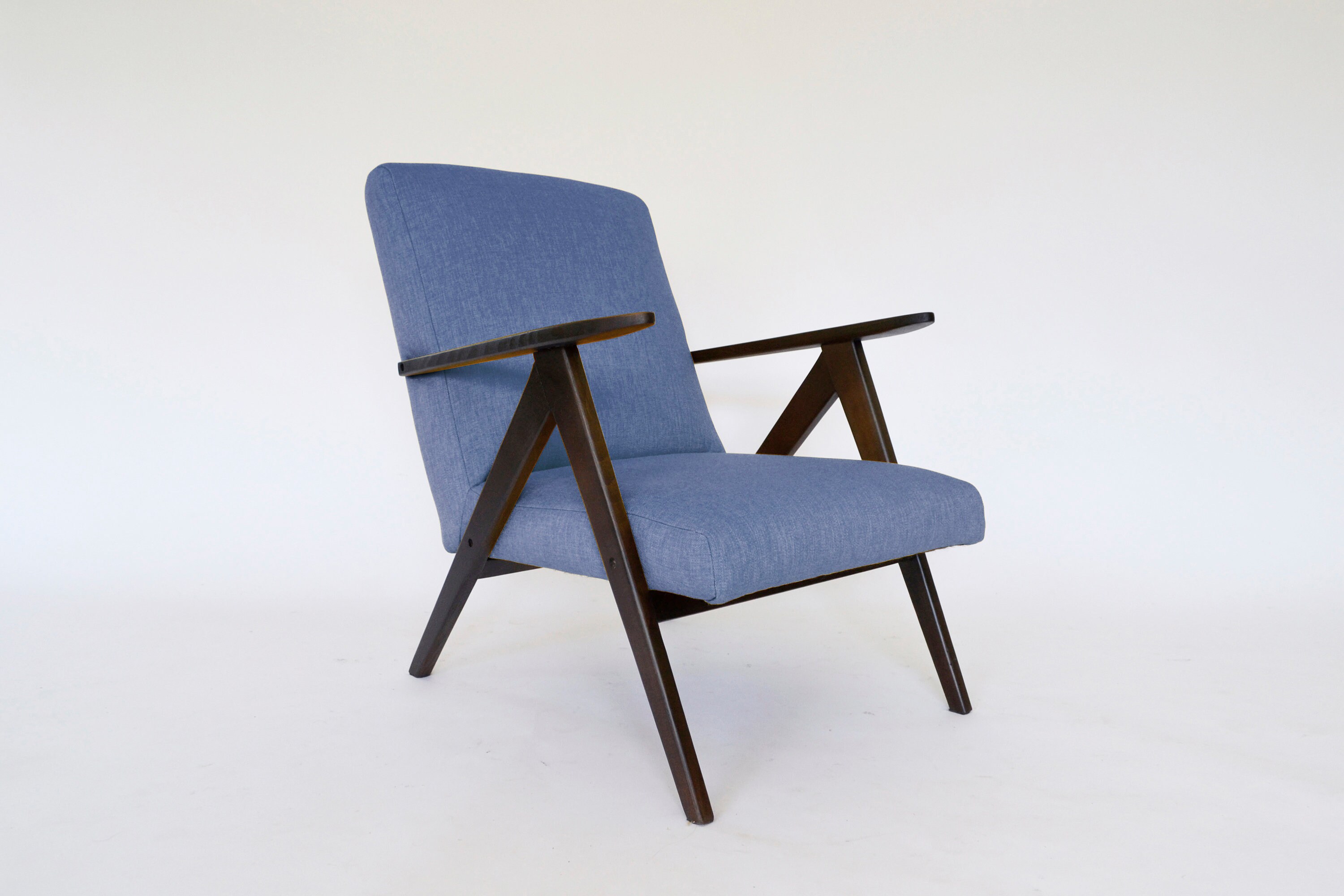Polish Indie Reupholstered Blue Fabric Brown Wood Armchair A. Dutka ...
