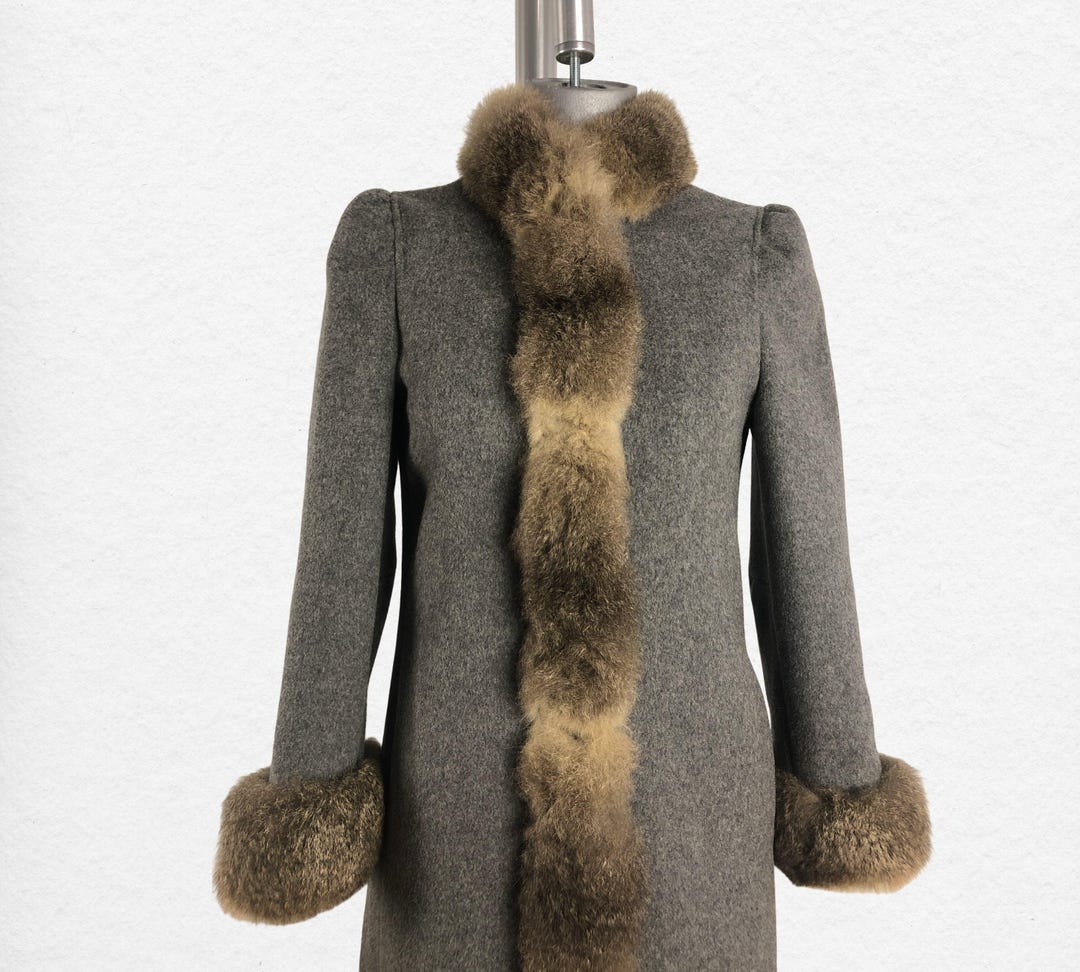 80s Vintage Gray Fur Trimmed Coat Fitted Full Length Brushed Wool Grey ...