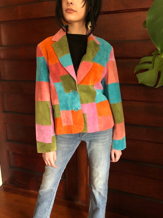 Y2K Patchwork Suede Jacket Vintage Colorful Applique … - Gem