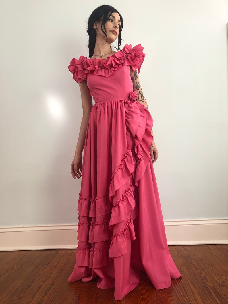 80s Pink Taffeta Prom Gown With Ruffles Formal Southern Belle 1800s ...