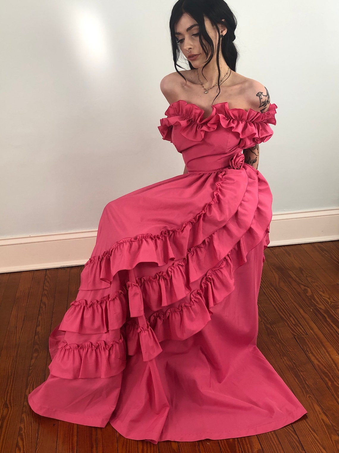 80s Pink Taffeta Prom Gown With Ruffles Formal Southern Belle 1800s ...