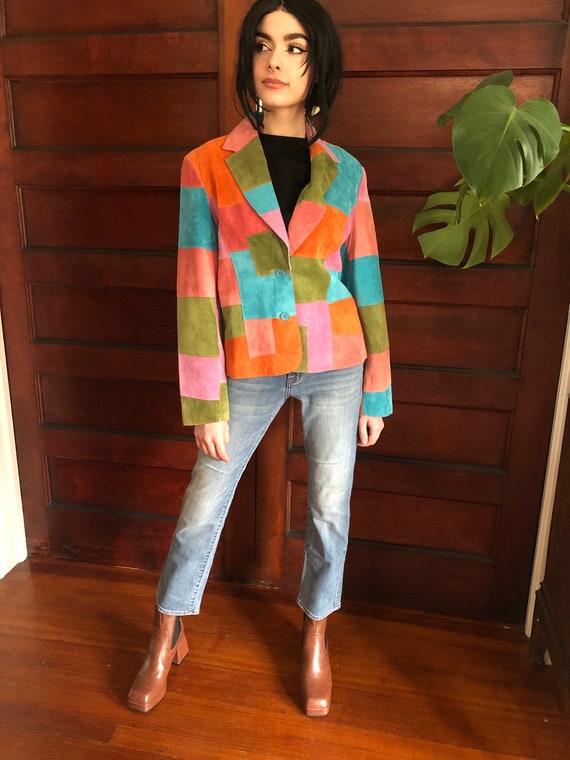 Y2K Patchwork Suede Jacket Vintage Colorful Applique … - Gem