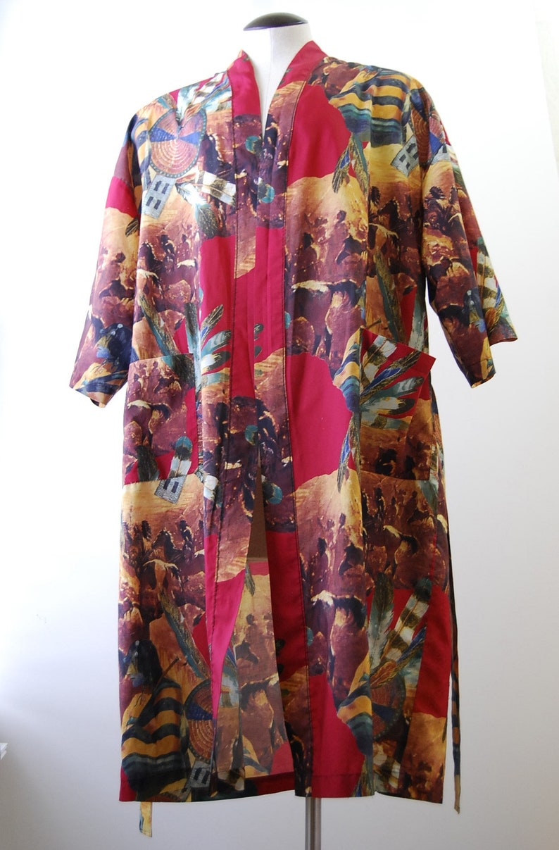90s VINTAGE Smoking Robe BILL BLASS Peignoir Native American Horses ...