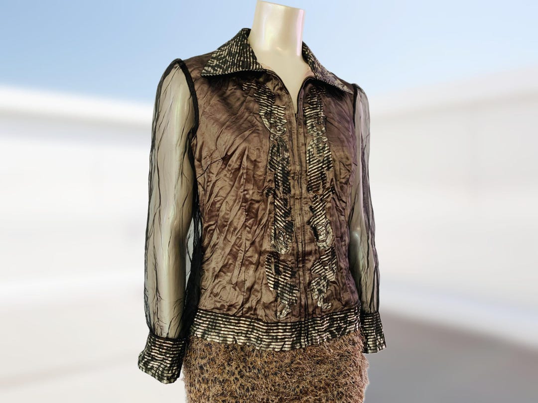 90s Vintage Shiny Metallic Zippered Overlay Top Bronze & Black 1990s ...