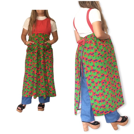 60's Vintage Long Pinafore Wrap Open Back Apron Dress… - Gem