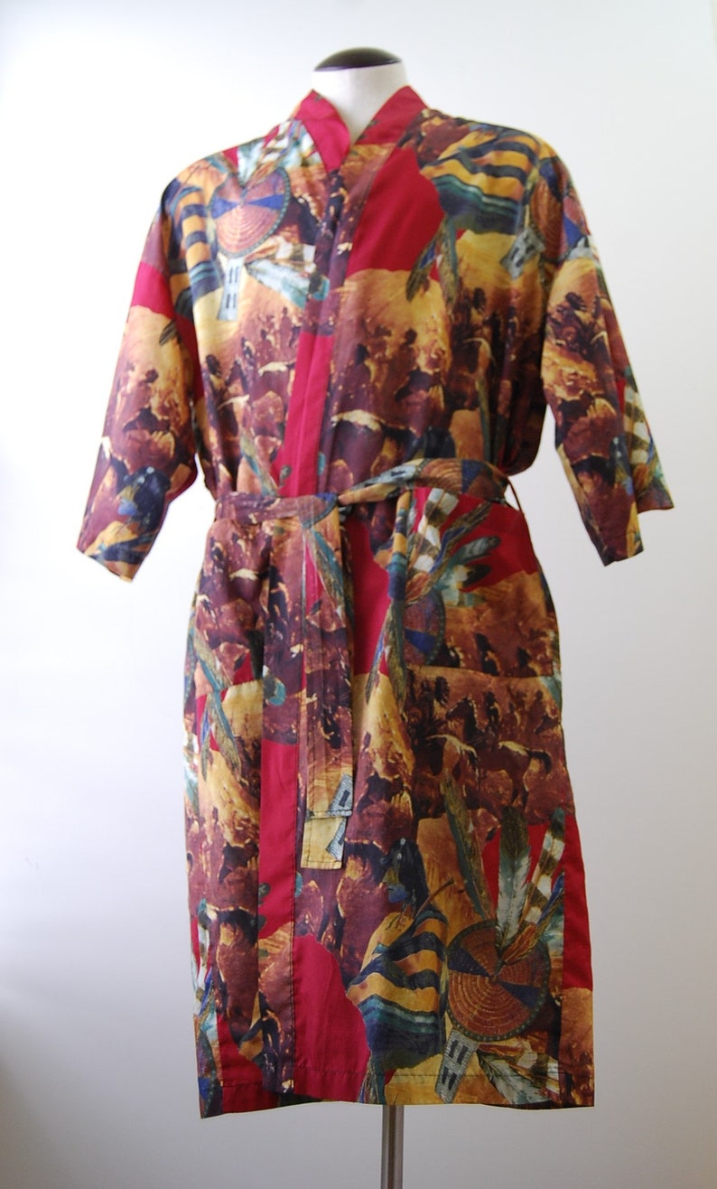 90s VINTAGE Smoking Robe BILL BLASS Peignoir Native American Horses ...