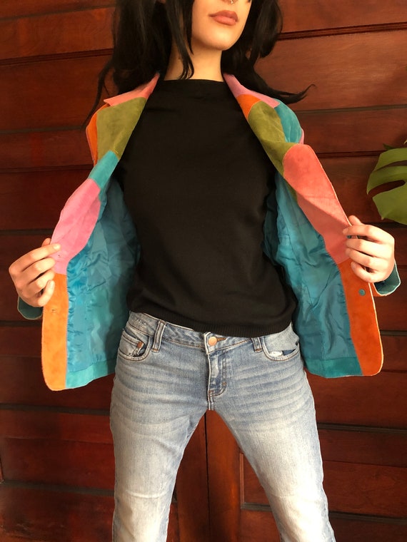 Y2K Patchwork Suede Jacket Vintage Colorful Applique … - Gem