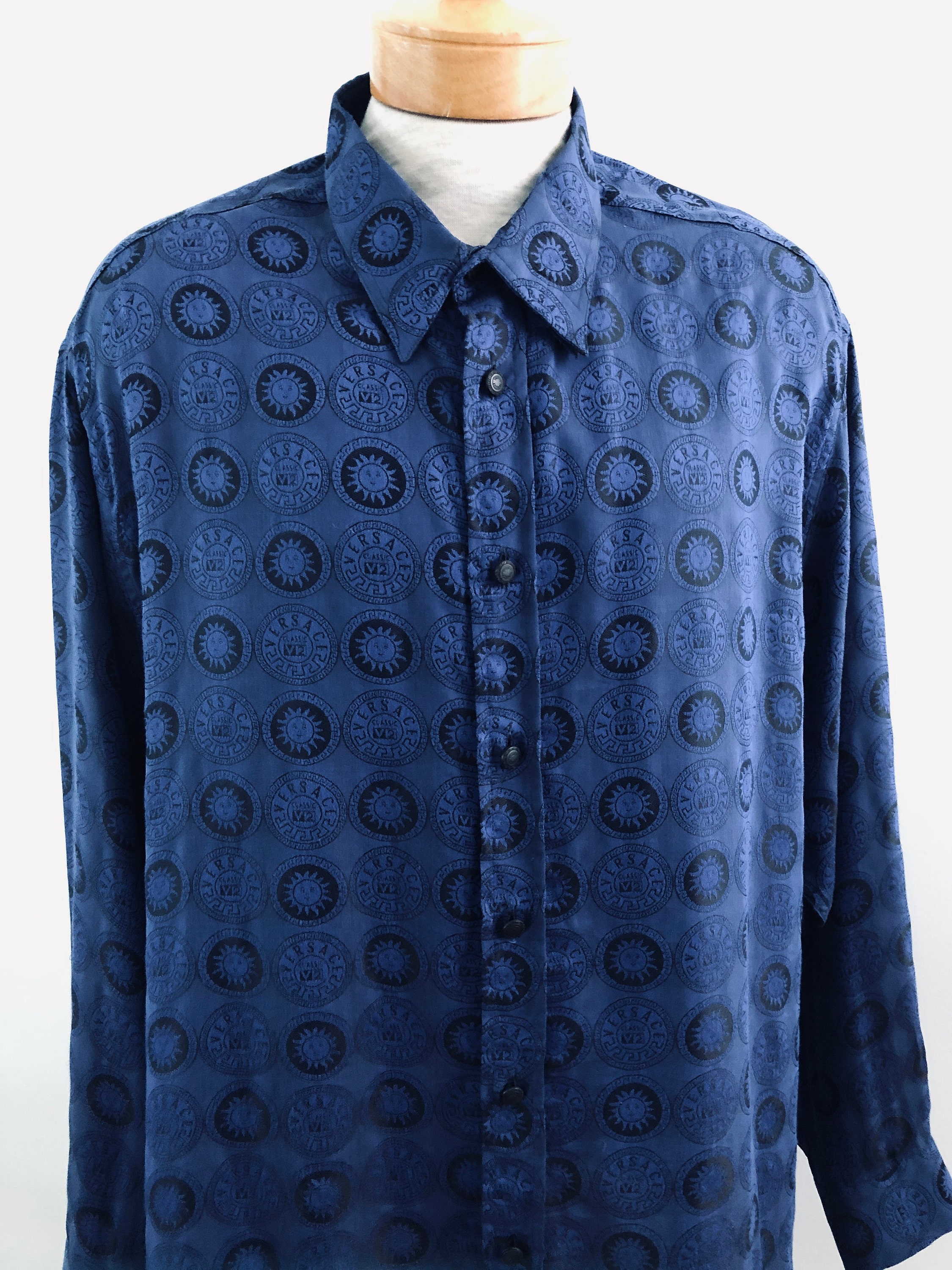 90's Versace Classic V2 Woven Greek Sun Silk Shirt Vintage Men's ...