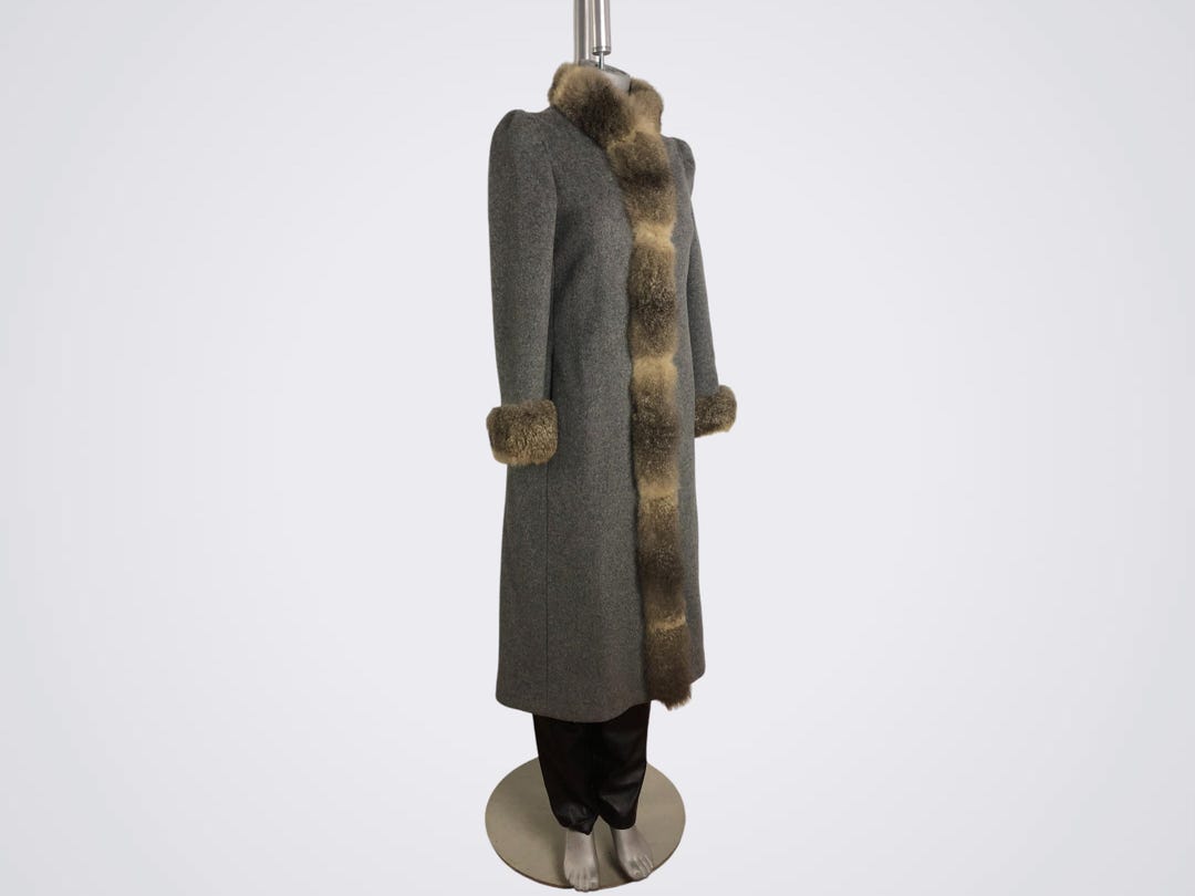 80s Gray Fur Trim Coat Fitted Full Length Cool Color Brushed Wool Small ...