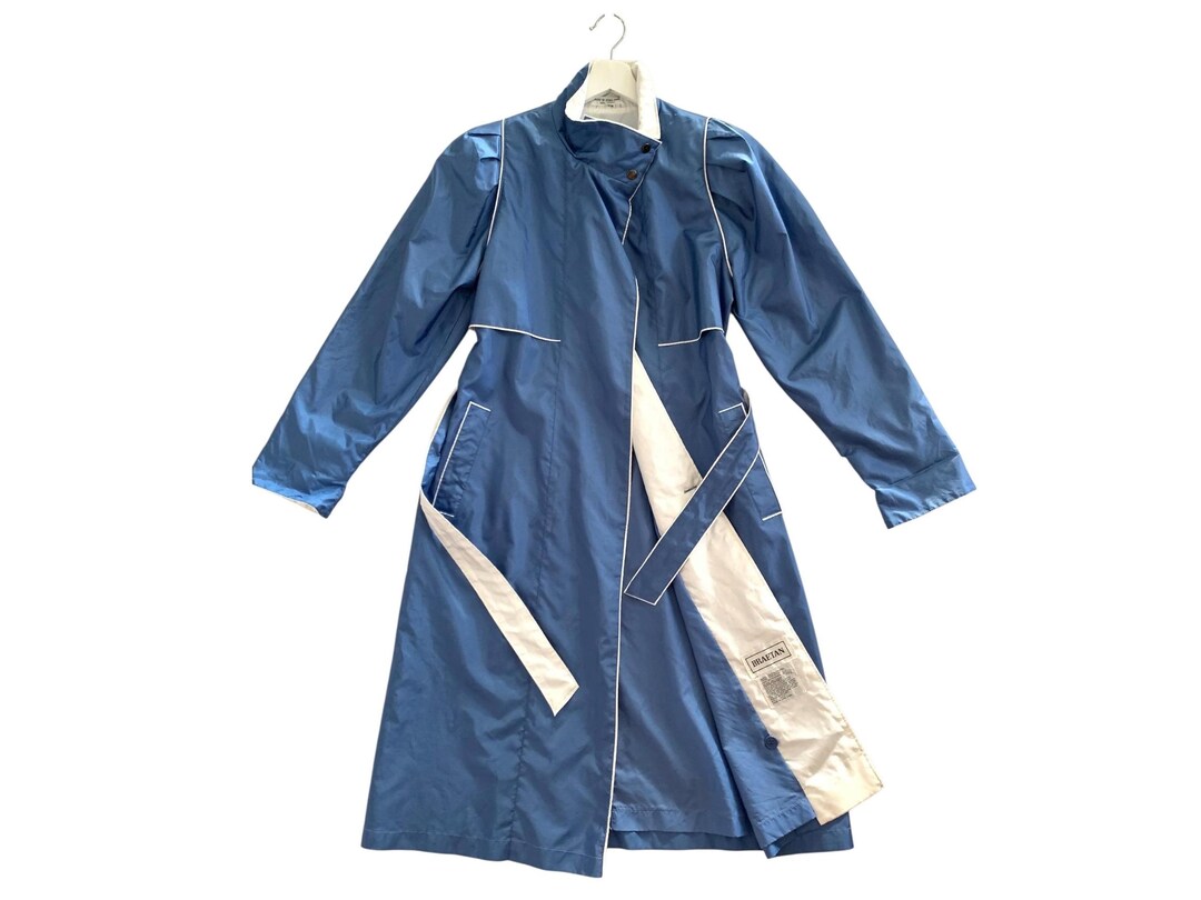 80s Vintage Blue & White Trench Coat 1980s Belted Utilitarian Style ...