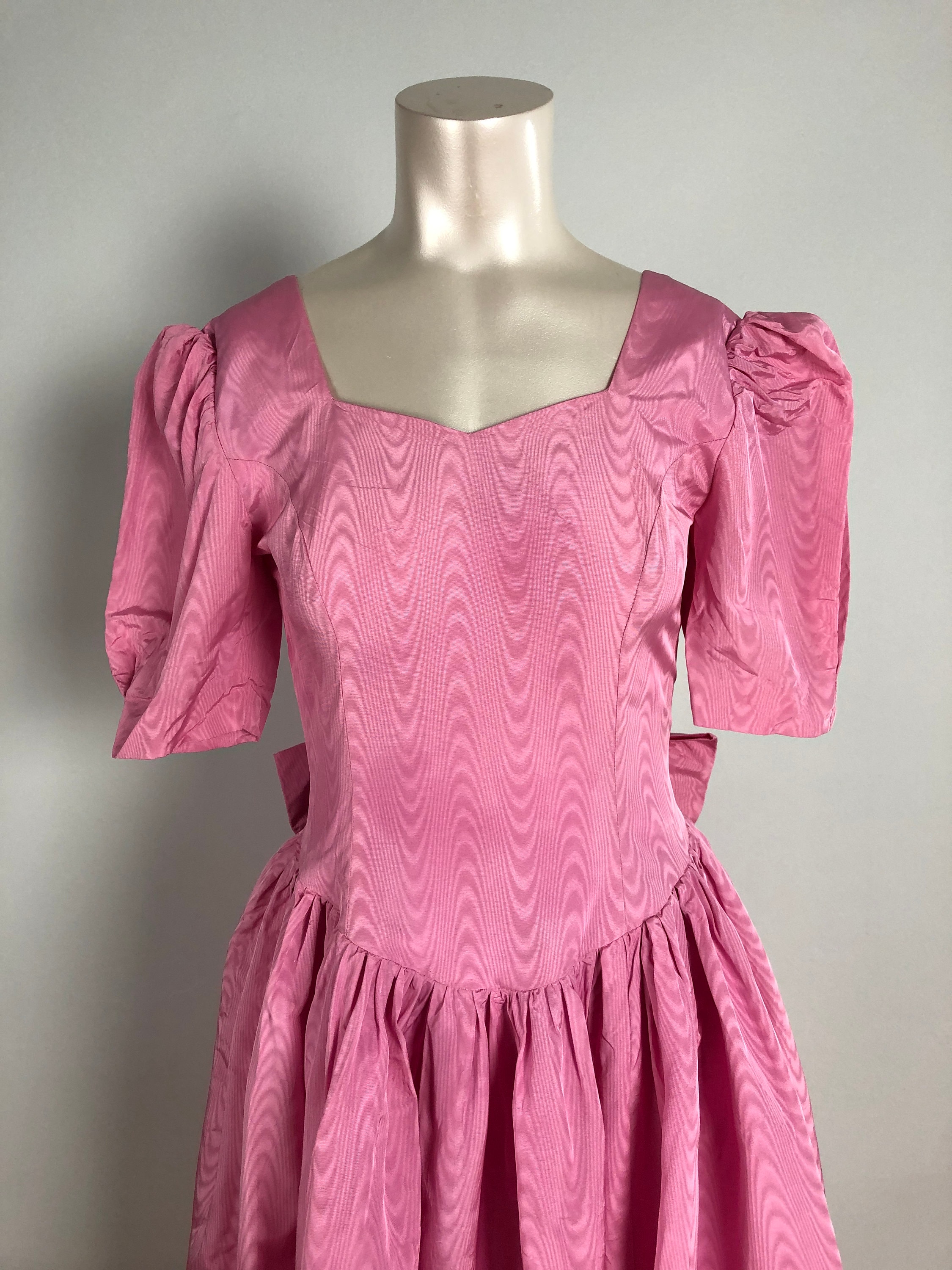 80's Vintage Pink Moire Puffy Shoulders Taffeta Bustle Ruffled Dress ...