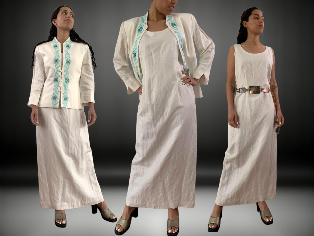 90s Vintage Long White Linen Sleeveless Dress & Beaded Blazer 1990s ...
