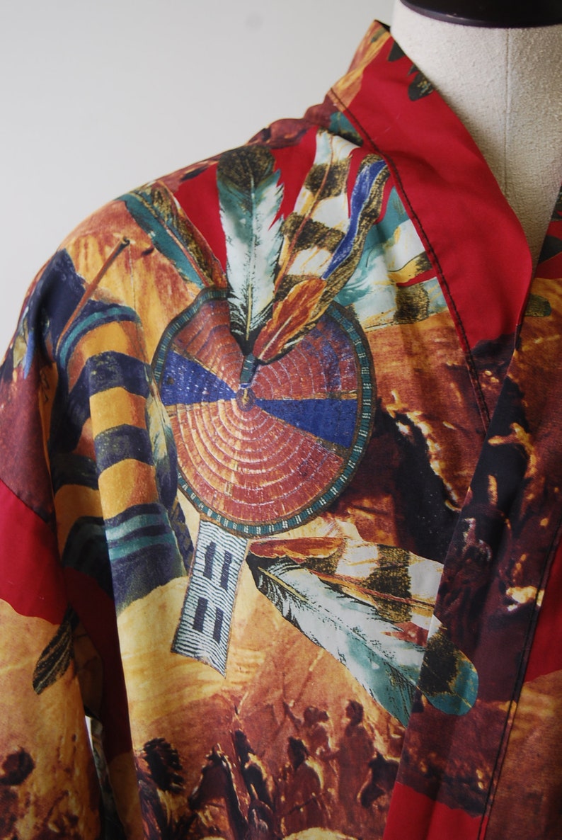 90s VINTAGE Smoking Robe BILL BLASS Peignoir Native American Horses ...