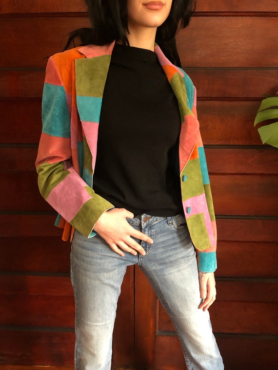 Y2K Patchwork Suede Jacket Vintage Colorful Applique … - Gem