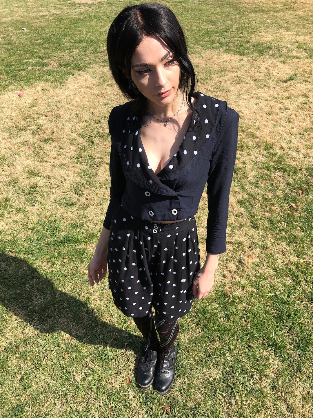 80's Vintage School Girl Outfit Dark Blue White Polka Dots Navy ...