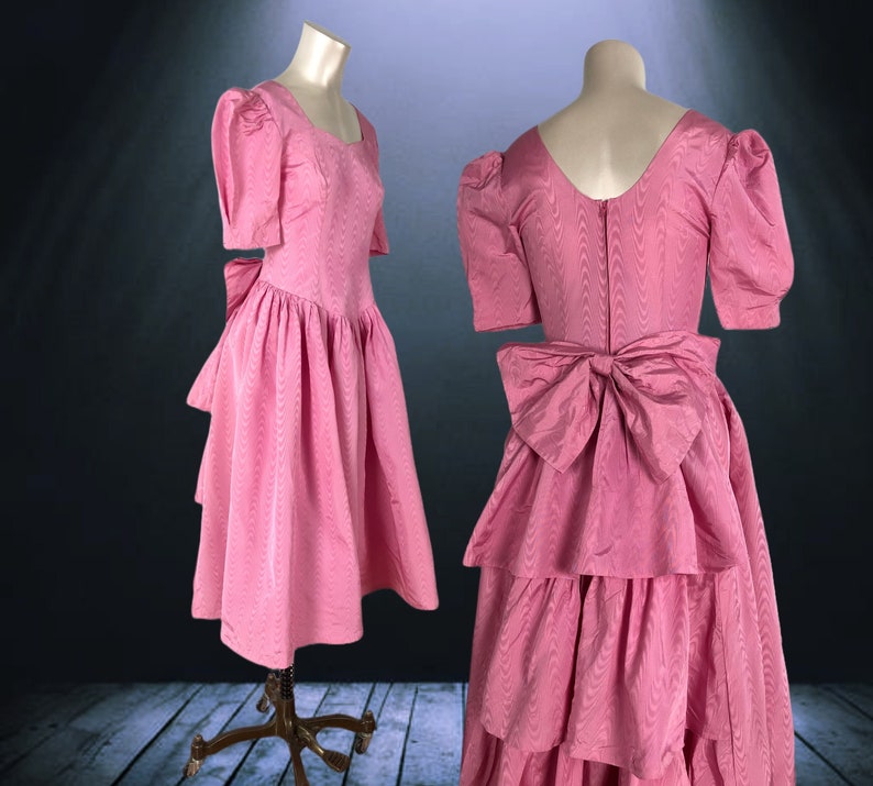 80's Vintage Pink Moire Puffy Shoulders Taffeta Bustle Ruffled Dress ...
