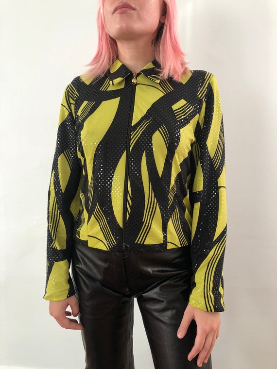 80's Vintage Yellow Black Shiny Wet Look Zip Jacket J… - Gem