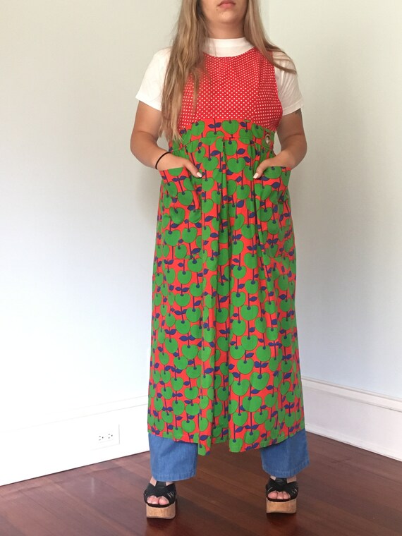 60's Vintage Long Pinafore Wrap Open Back Apron Dress… - Gem