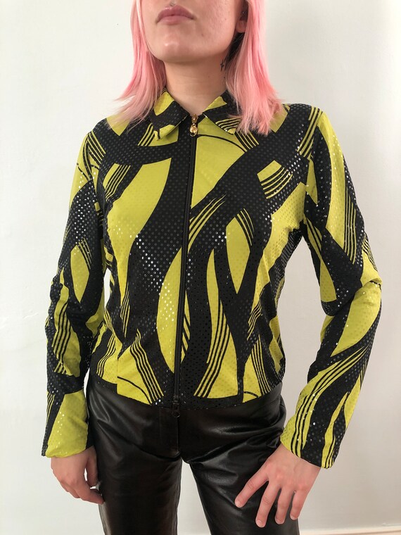 80's Vintage Yellow Black Shiny Wet Look Zip Jacket J… - Gem