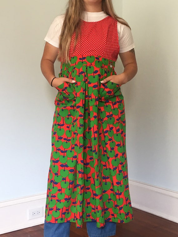 60's Vintage Long Pinafore Wrap Open Back Apron Dress… - Gem