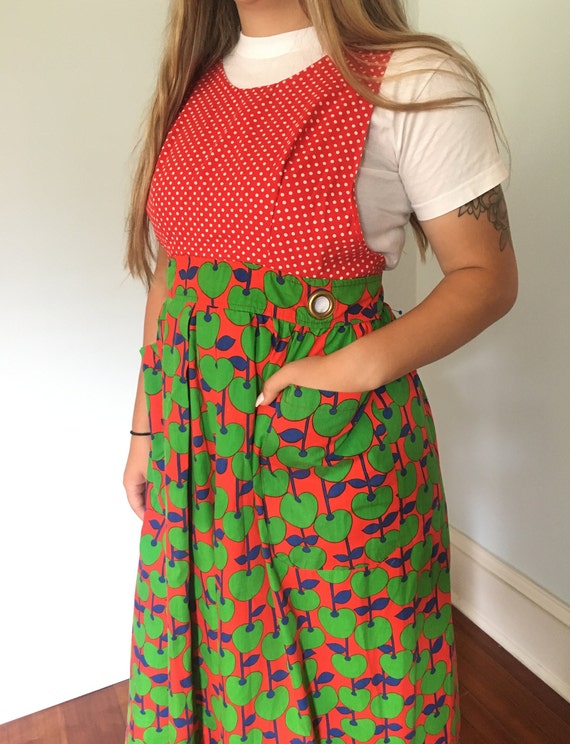 60's Vintage Long Pinafore Wrap Open Back Apron Dress… - Gem