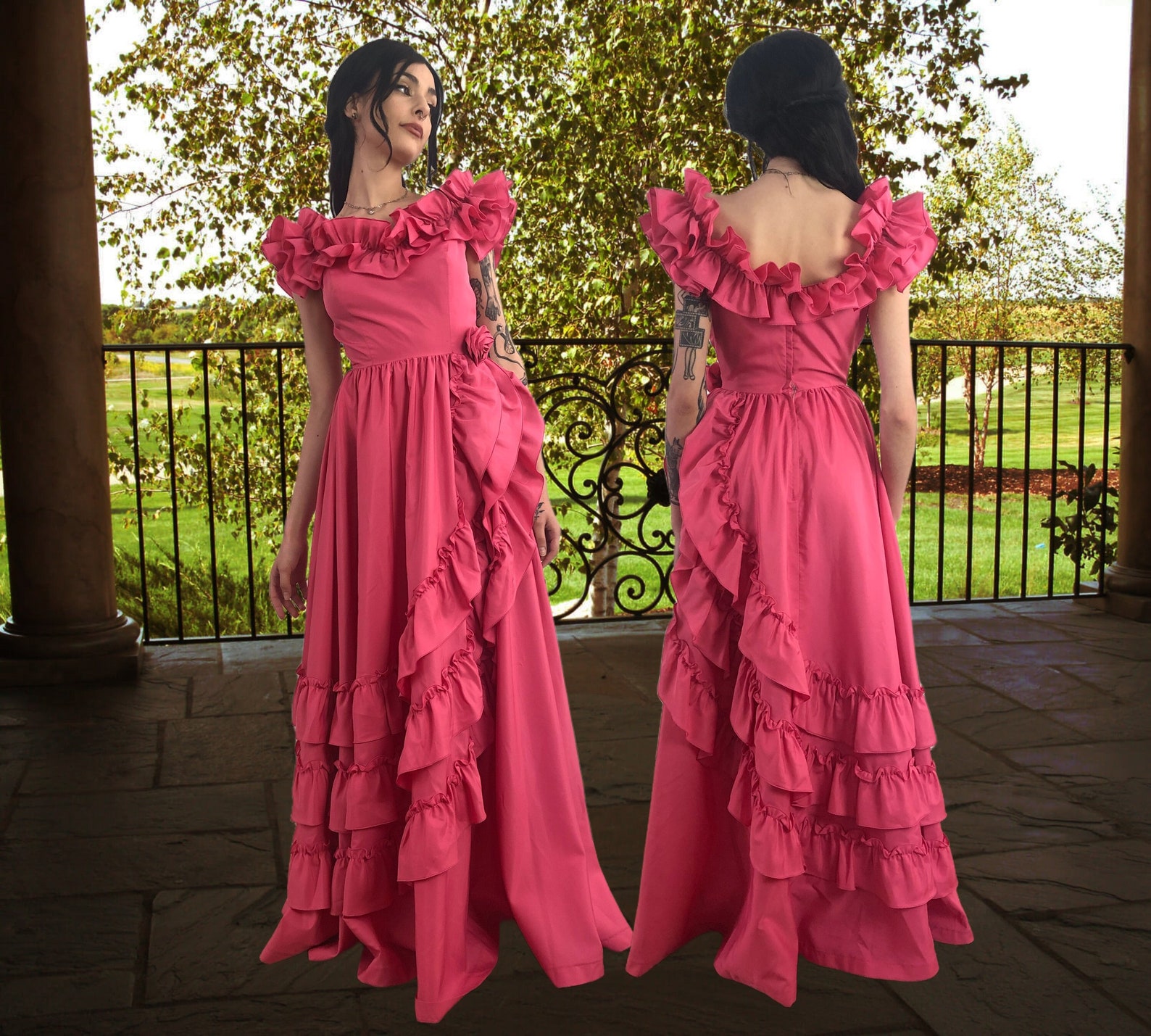 80s Pink Taffeta Prom Gown With Ruffles Formal Southern Belle 1800s ...