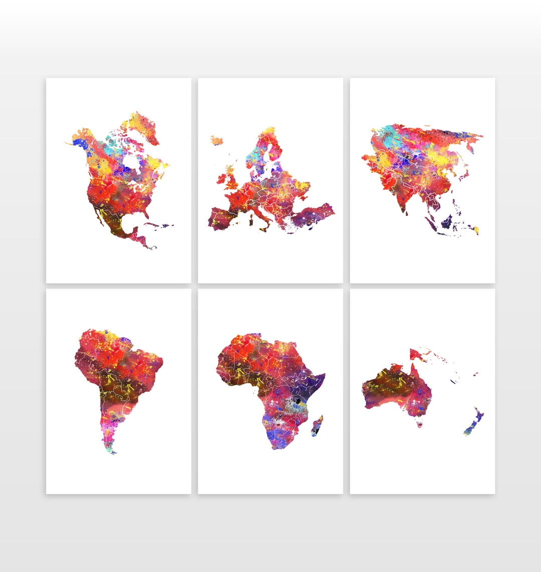 Continents of the World - Set of 6 - Map Prints - Travel Art Posters ...