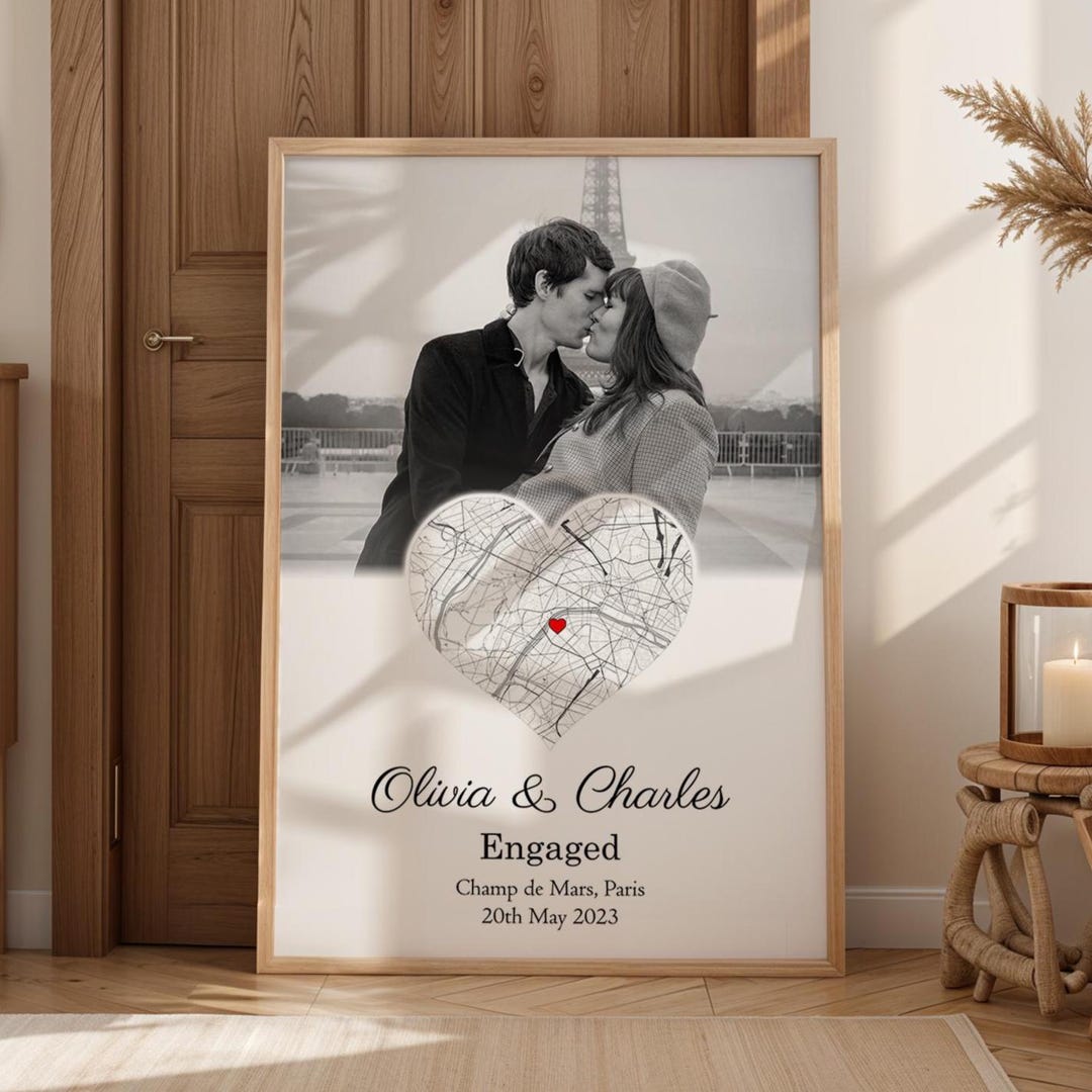 Engagement Photo and Map Print | Custom Engaged Photo and Map Print ...