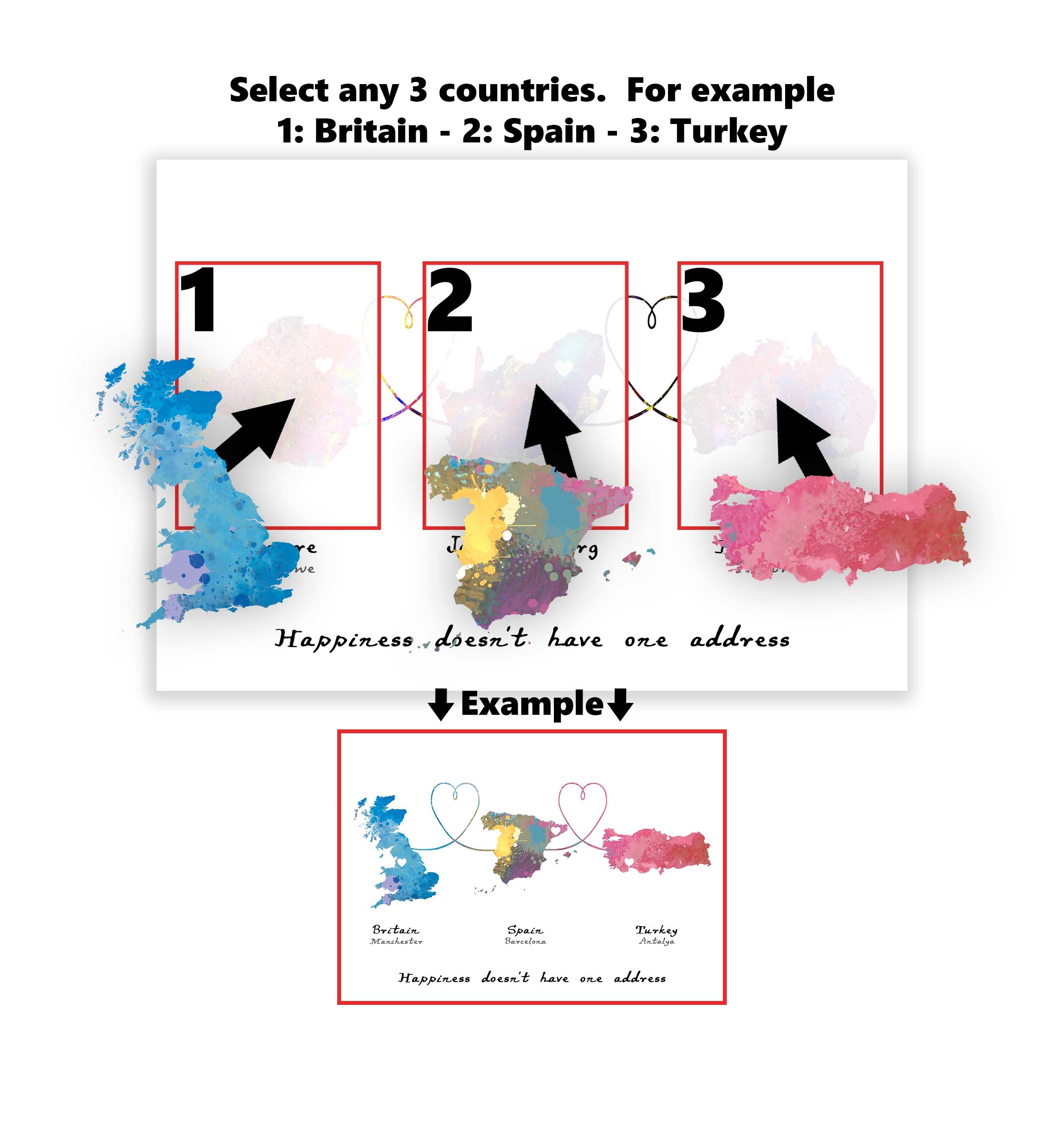 Personalised Map Print Any Three Countries Custom Map Art | Etsy