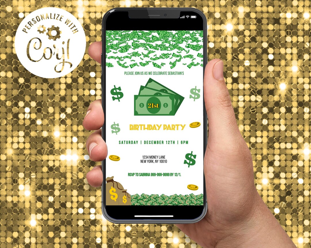 Money Theme Birthday Party Digital Electronic Downloadable Invitation ...