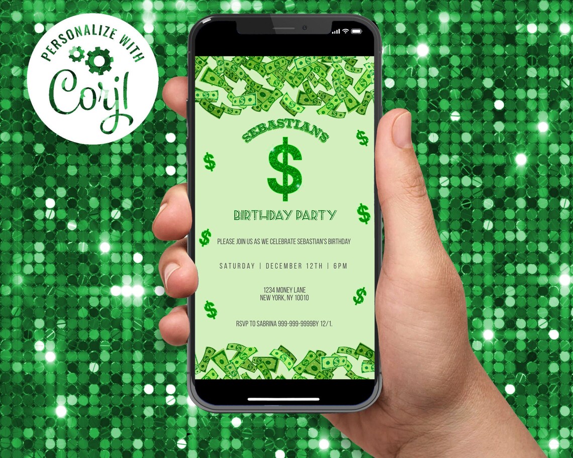 Money Theme Birthday Party Digital Electronic Downloadable Invitation ...