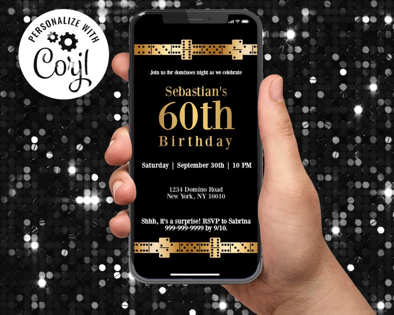 Dominoes-themed Birthday Digital Invitation Template, Gold and Black ...