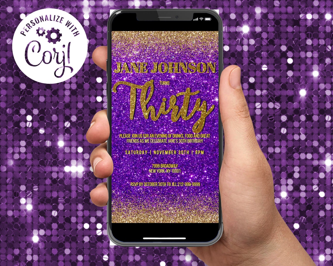 Gold and Purple Birthday Party Editable Template Invitation - Etsy