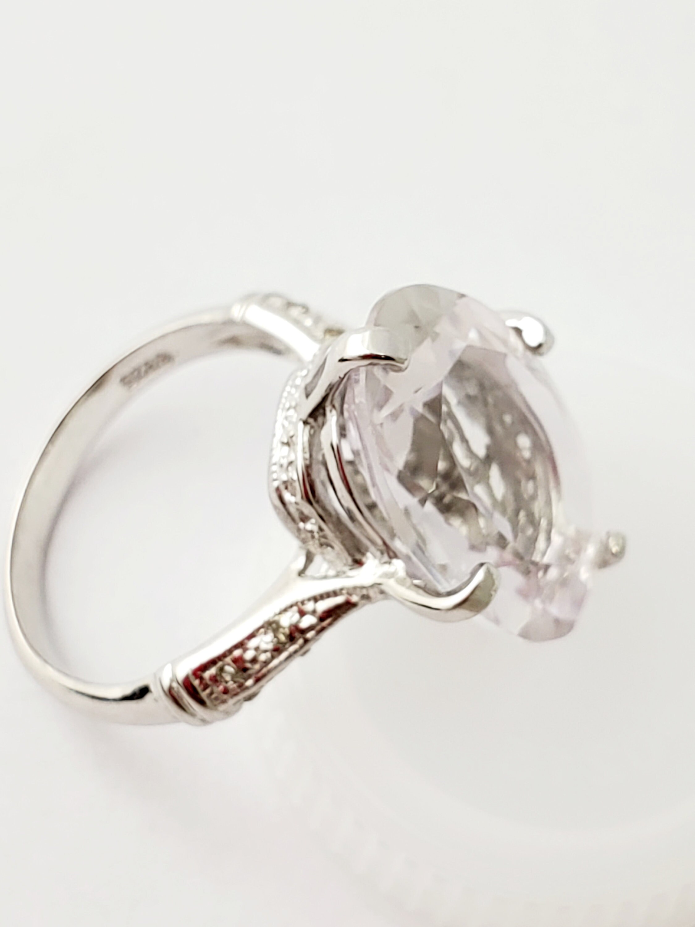 Ovale ring met witte amethist, diamantaccent, sterlingzilver, maat 7 ...