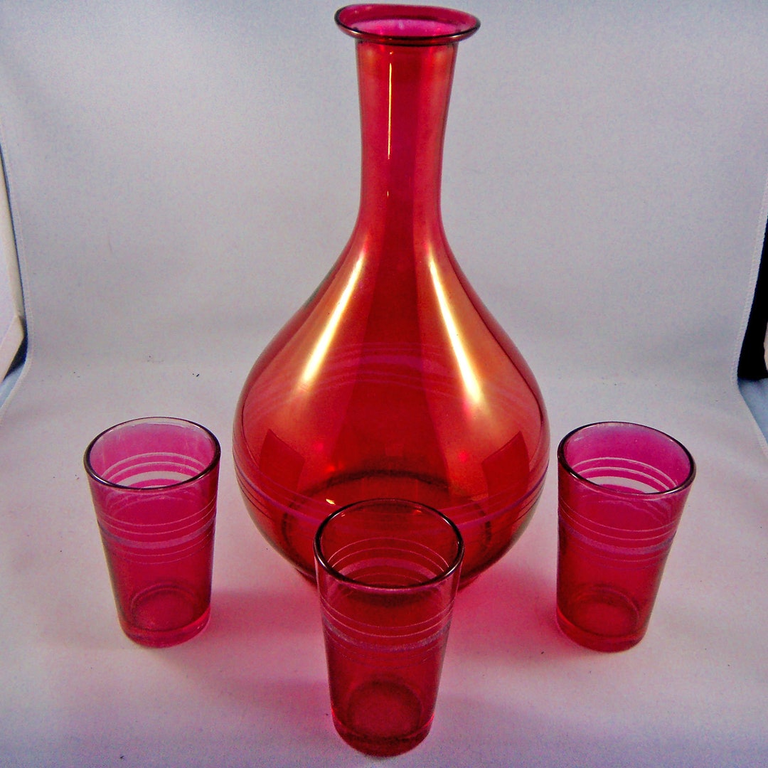 Vintage Cranberry Glass Decanter Set, Hazel Atlas Cranberry Glass ...