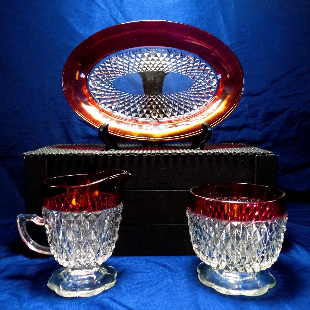 Vintage Indiana Glass Ruby Flash Sugar and Creamer Set, Diamond Point ...