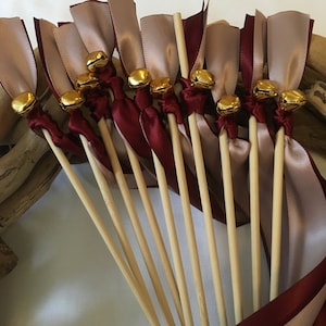20 Wedding Wands With Gold Bells, Satin Dark Pink and Burgundy Ribbons ...