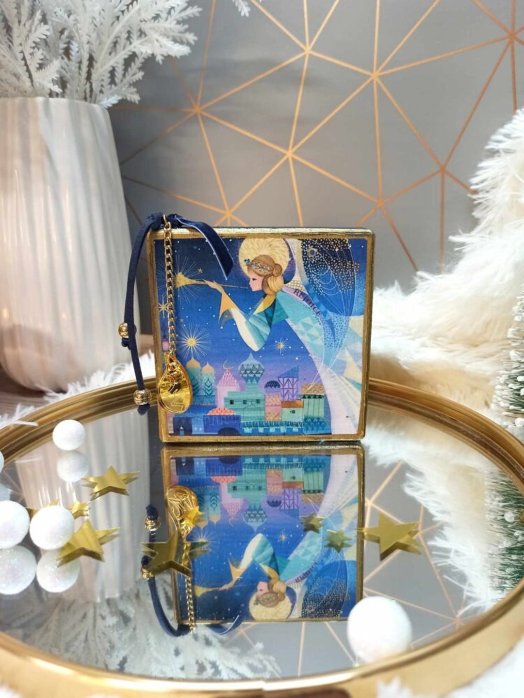 Wooden Ornament With Blue Angel Over Bethlehem Unique - Etsy